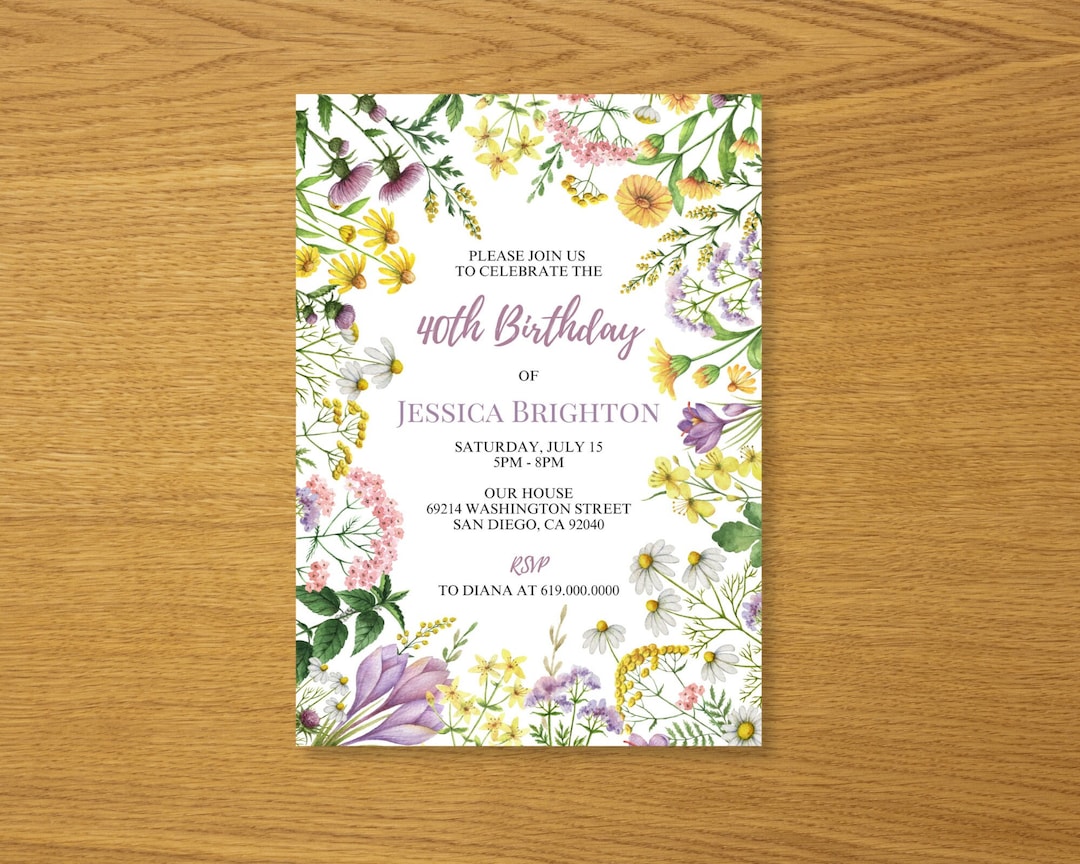 Flower Birthday Invitation, Printable Wildflower Birthday Invitation ...