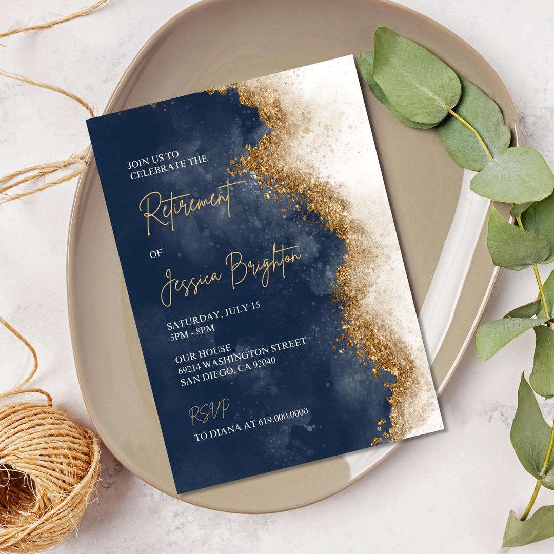 Luxury Retirement Invitation for Men Women/gold Blue Retirement ...