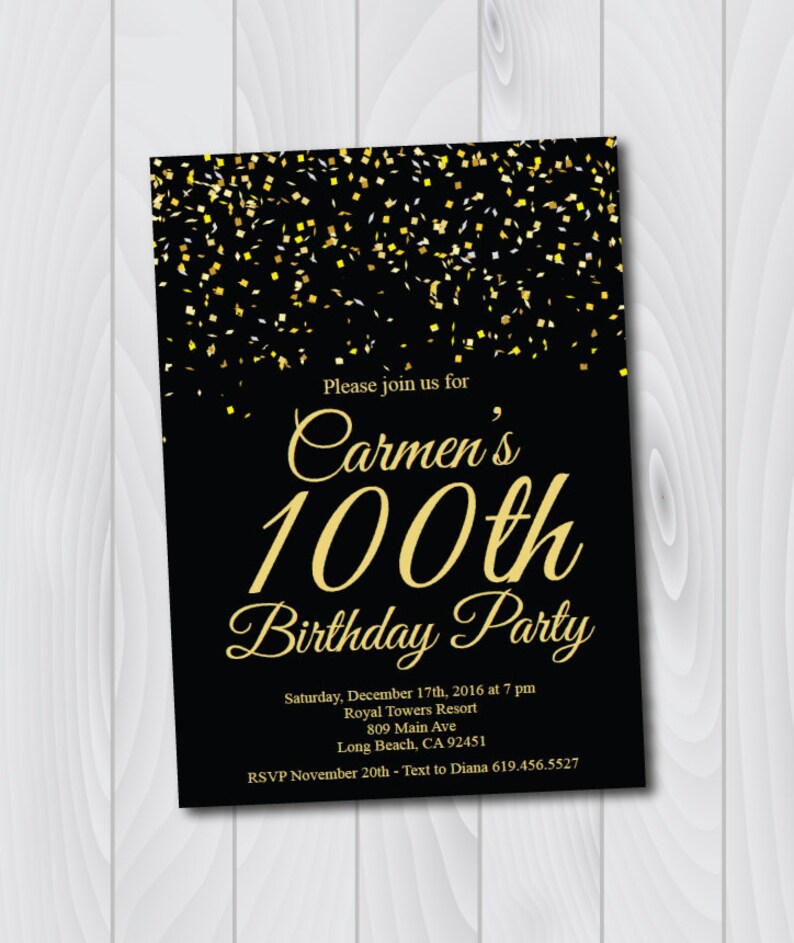 100th Birthday Invitation printable Gold Black Birthday Etsy