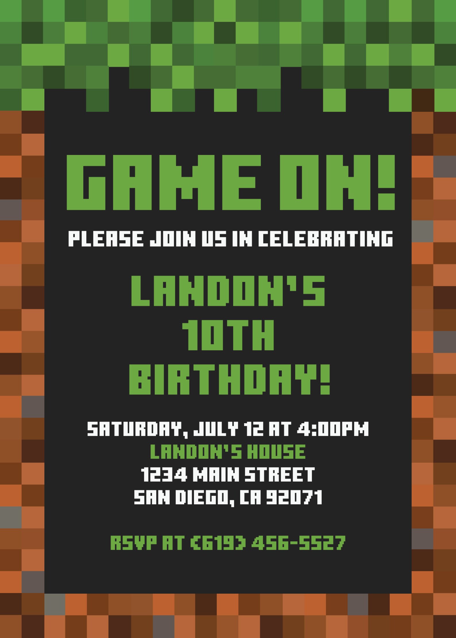 Minecraft Game Birthday Invitations for Boys/girls/kids/teens/pixelated ...