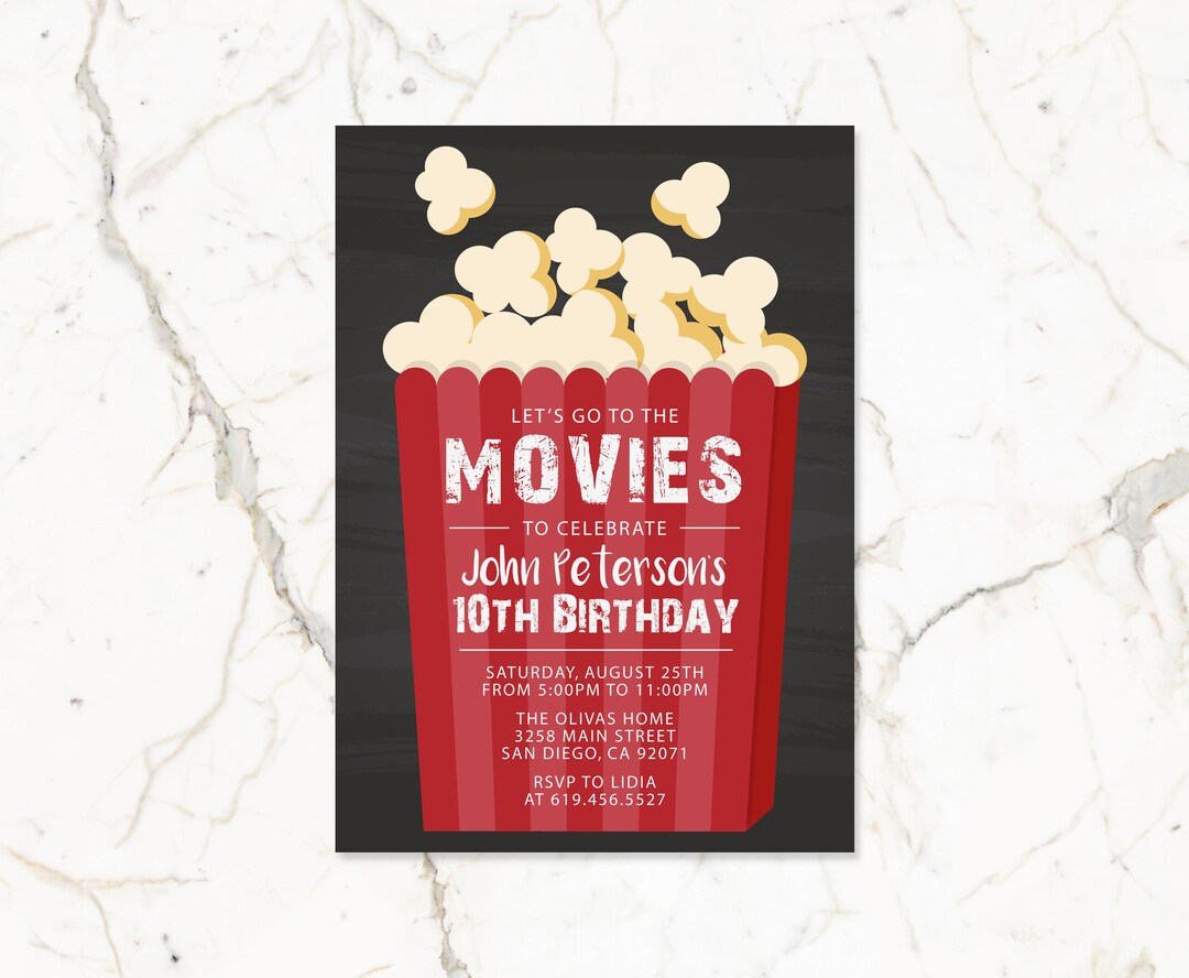 Popcorn Birthday Party Invitation for Boys Girls Kids Teens Adults ...