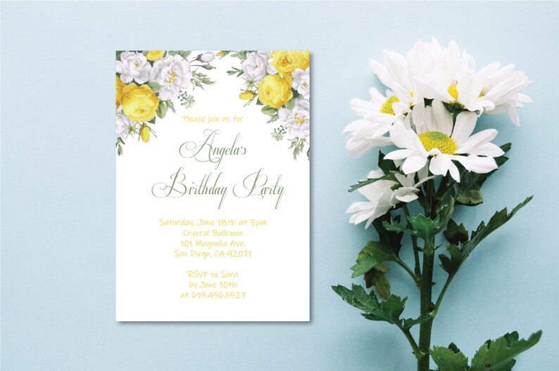 Yellow Flowers Birthday Invitations/printable Yellow & Green - Etsy