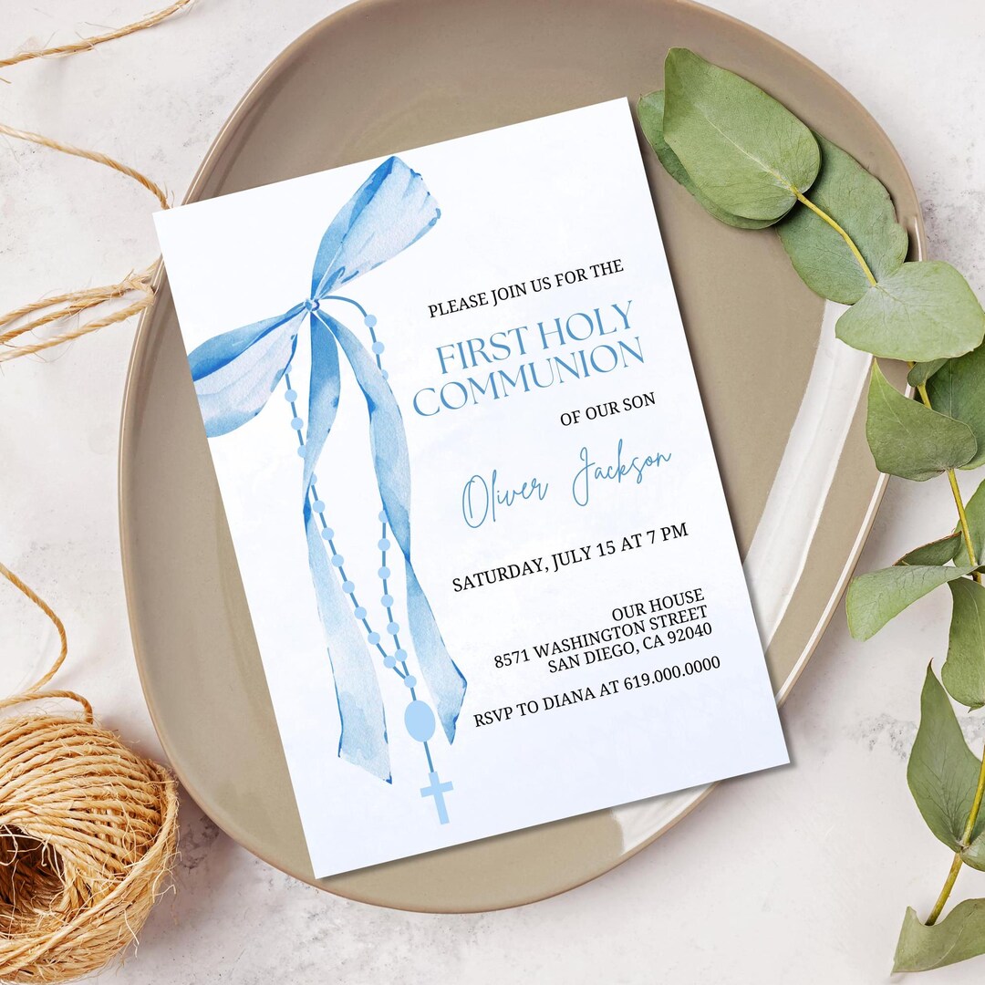 Bow and Rosary Holy Communion Invitation for Boys/blue First Holy ...