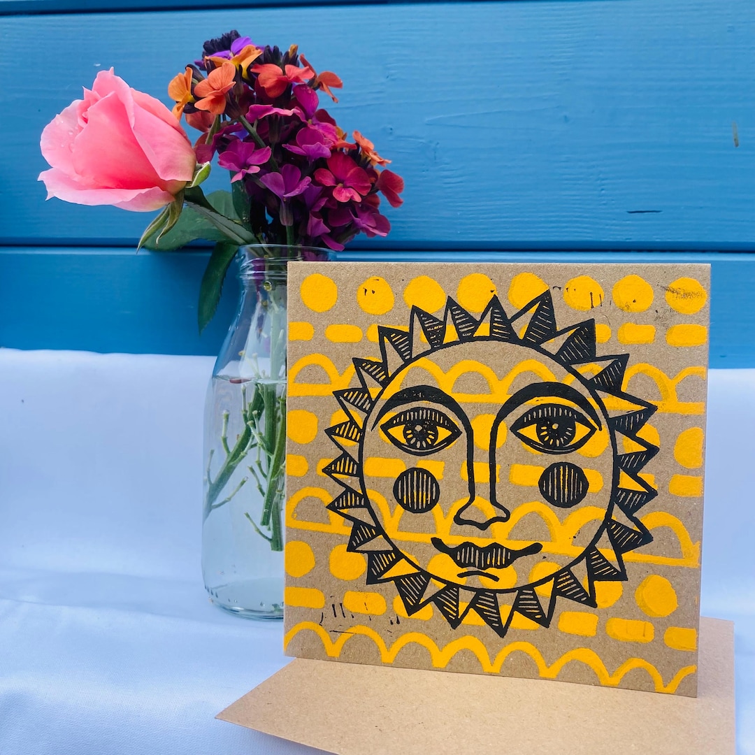 Happy Sun Lino Print With Patterned Screen Printed Background in Black ...