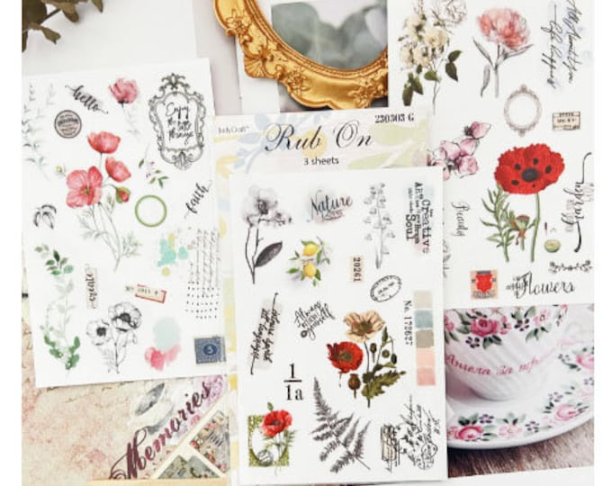 3 Sheets Rub on Transfer Sticker Sheets Floral Rub on Stickers Junk ...