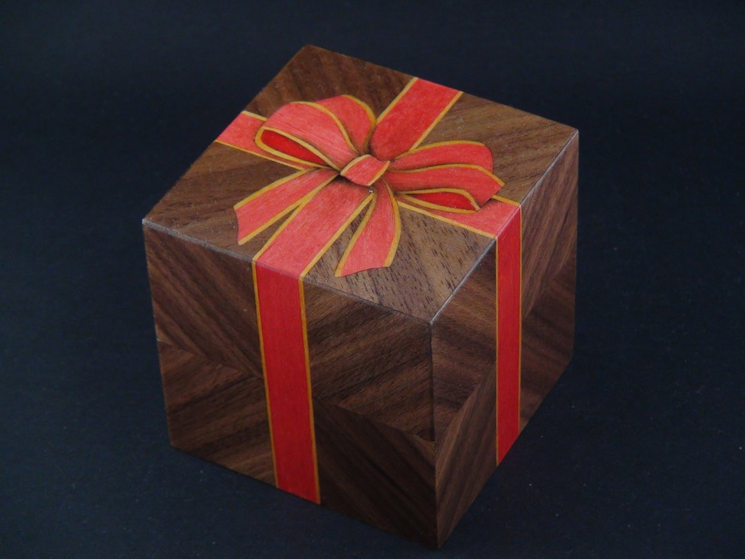 Music Cube Music Box Decorated as Ribbon Wrapped Gift Box in Marquetry ...