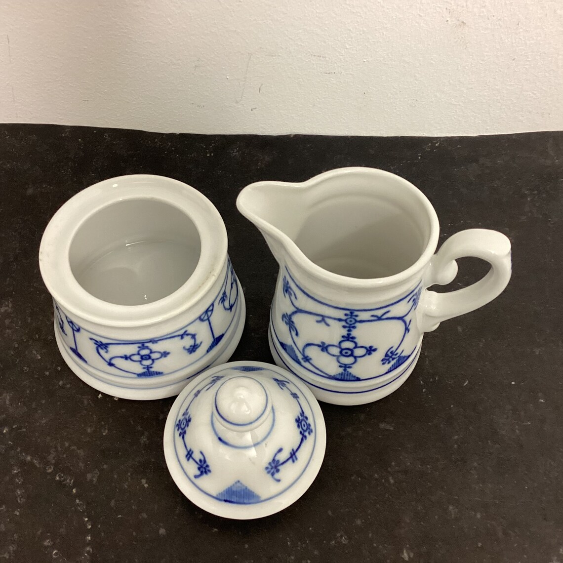 Blue & White Winterling Strawflower Creamer Milk Jug, Lidded Sugar Made ...