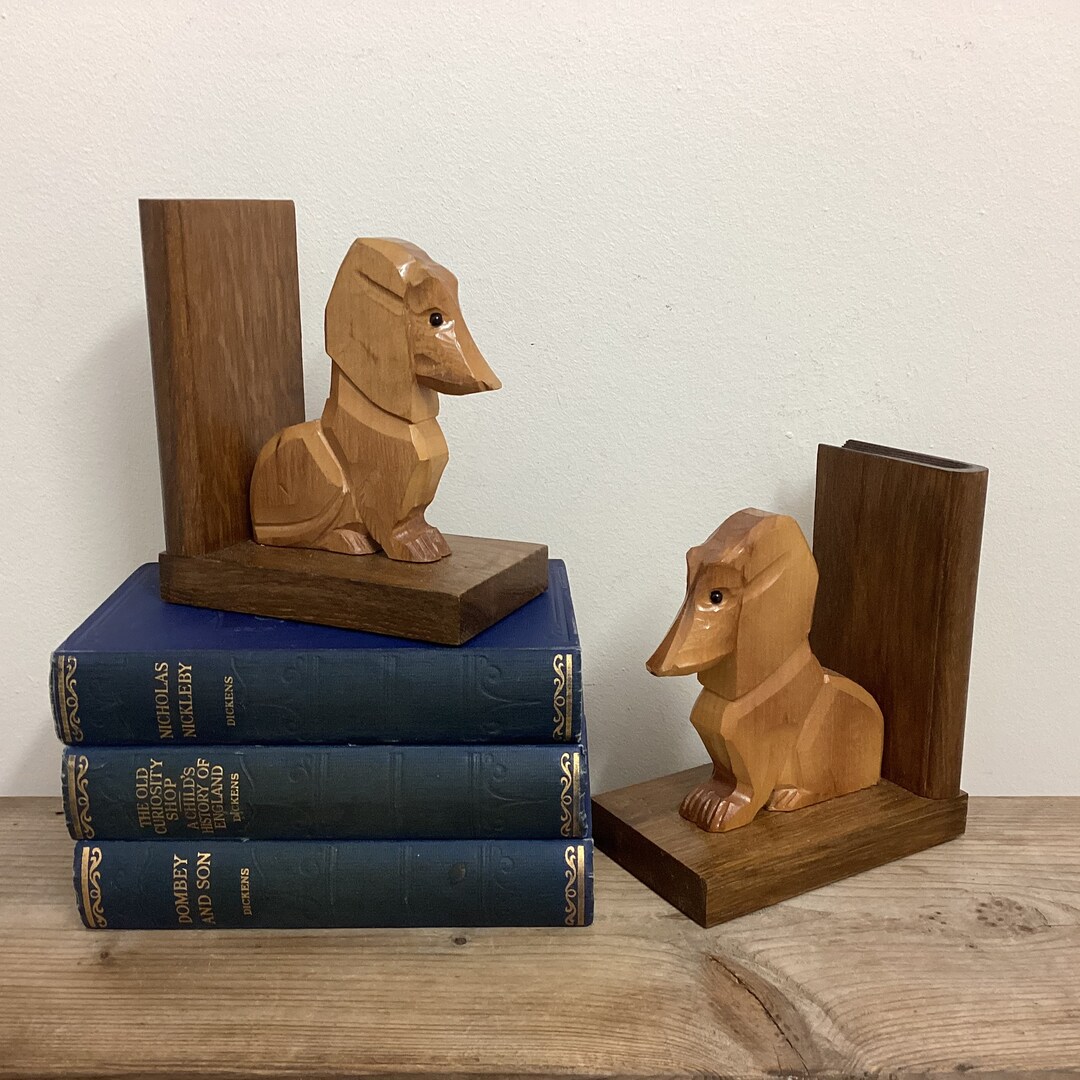 Wooden Hand Carved Bookends, Vintage Library Decor, Dackel Terrier Dogs ...