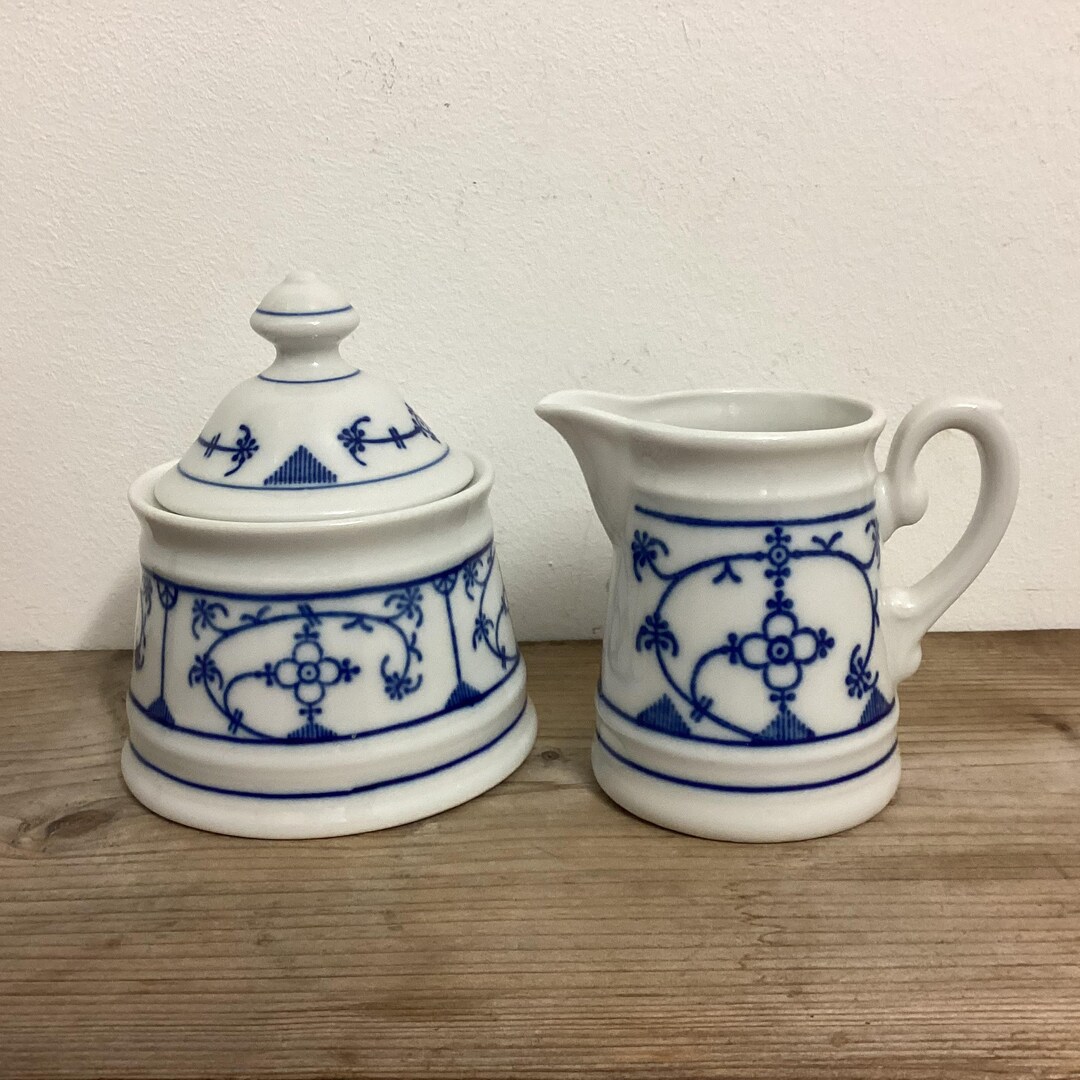 Blue & White Winterling Strawflower Creamer Milk Jug, Lidded Sugar Made ...