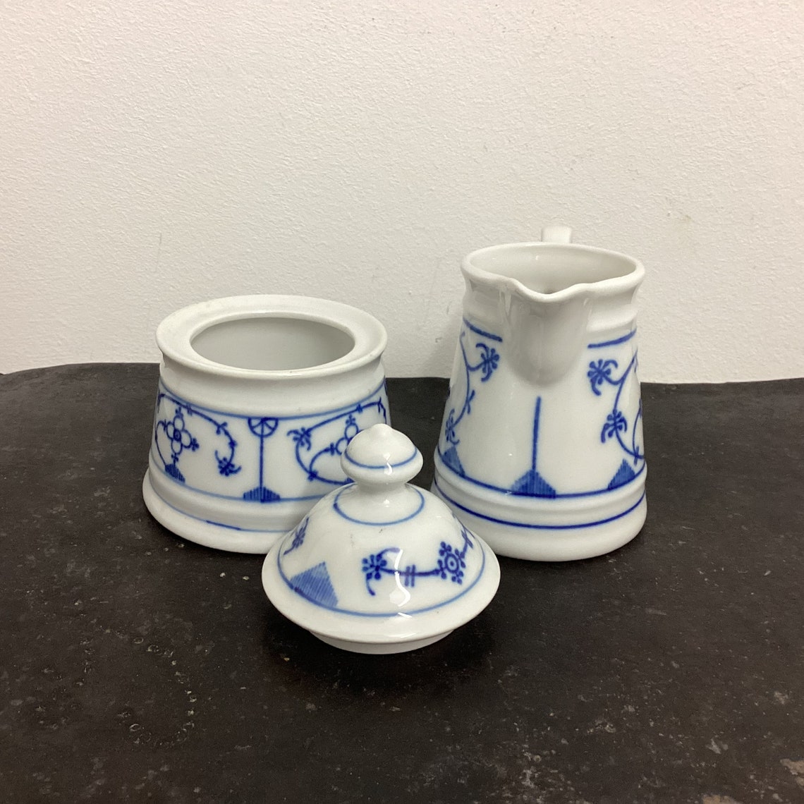 Blue & White Winterling Strawflower Creamer Milk Jug, Lidded Sugar Made ...
