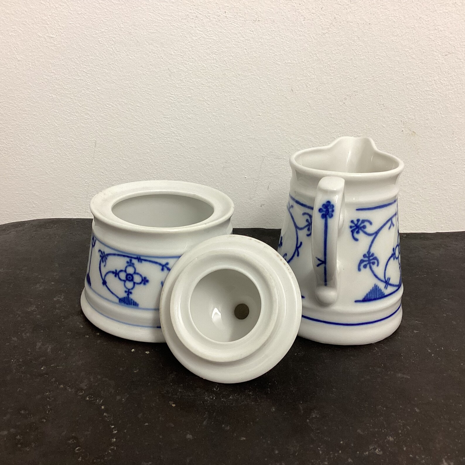 Blue & White Winterling Strawflower Creamer Milk Jug, Lidded Sugar Made ...