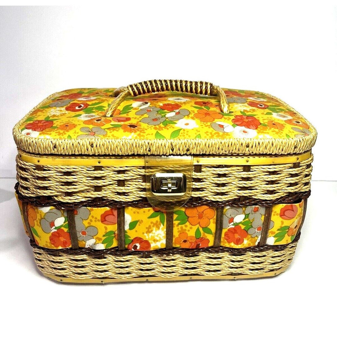 70s Sears Best Sewing Basket Woven Wicker Orange Flowers Plastic Tray ...
