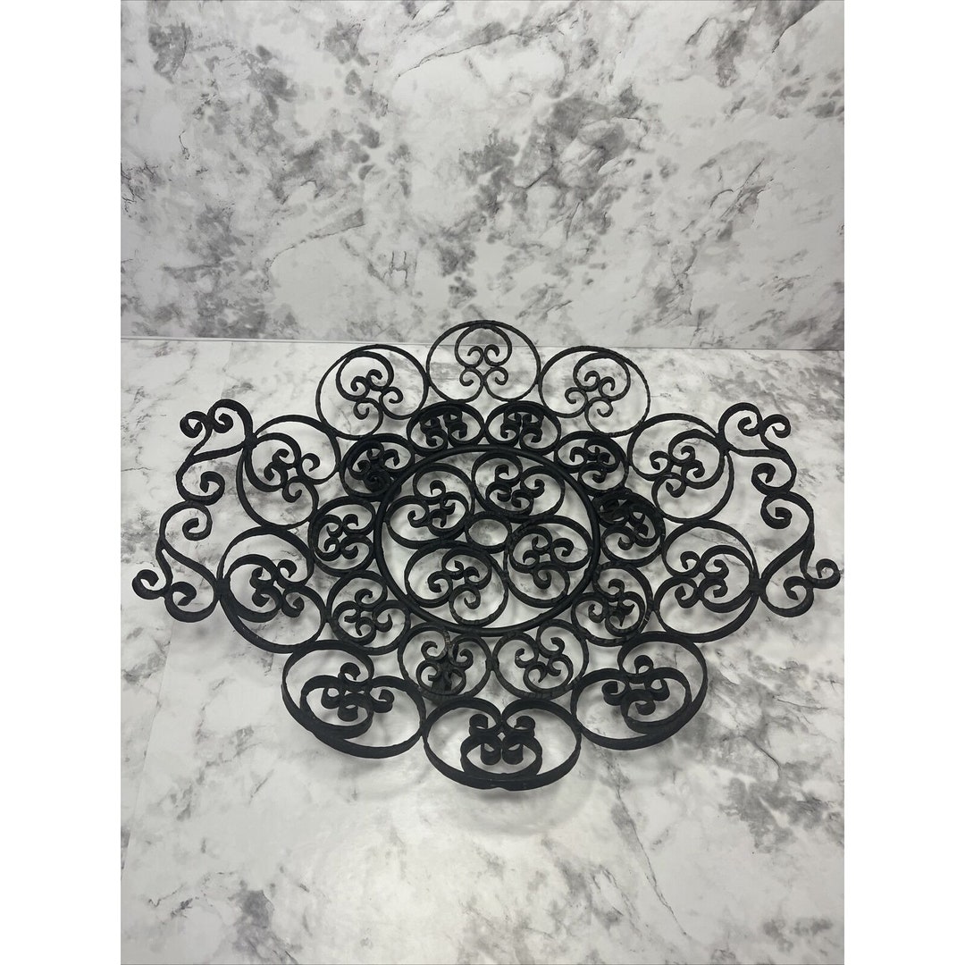 Beautiful 70s Vibe Wrought Iron Scroll Platter Black Metal Fruit Footed ...