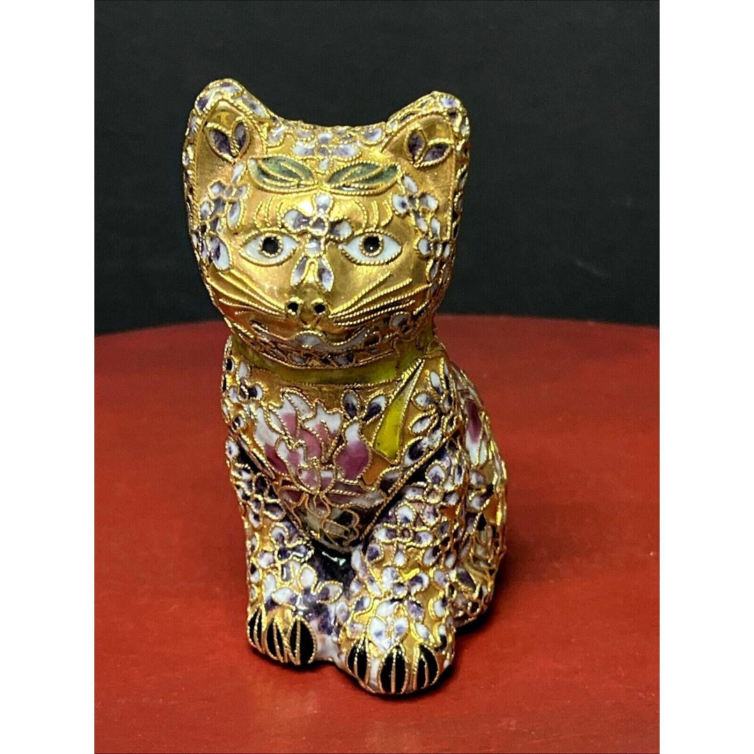 Vintage Cloisonne Cat Figurine Ornate Metal Enamel Floral Gold Pink 4 ...