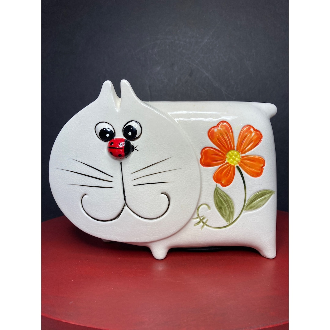Vintage Whimsical Cat Bank Kitten Piggy Bank Floral Ladybug - Etsy