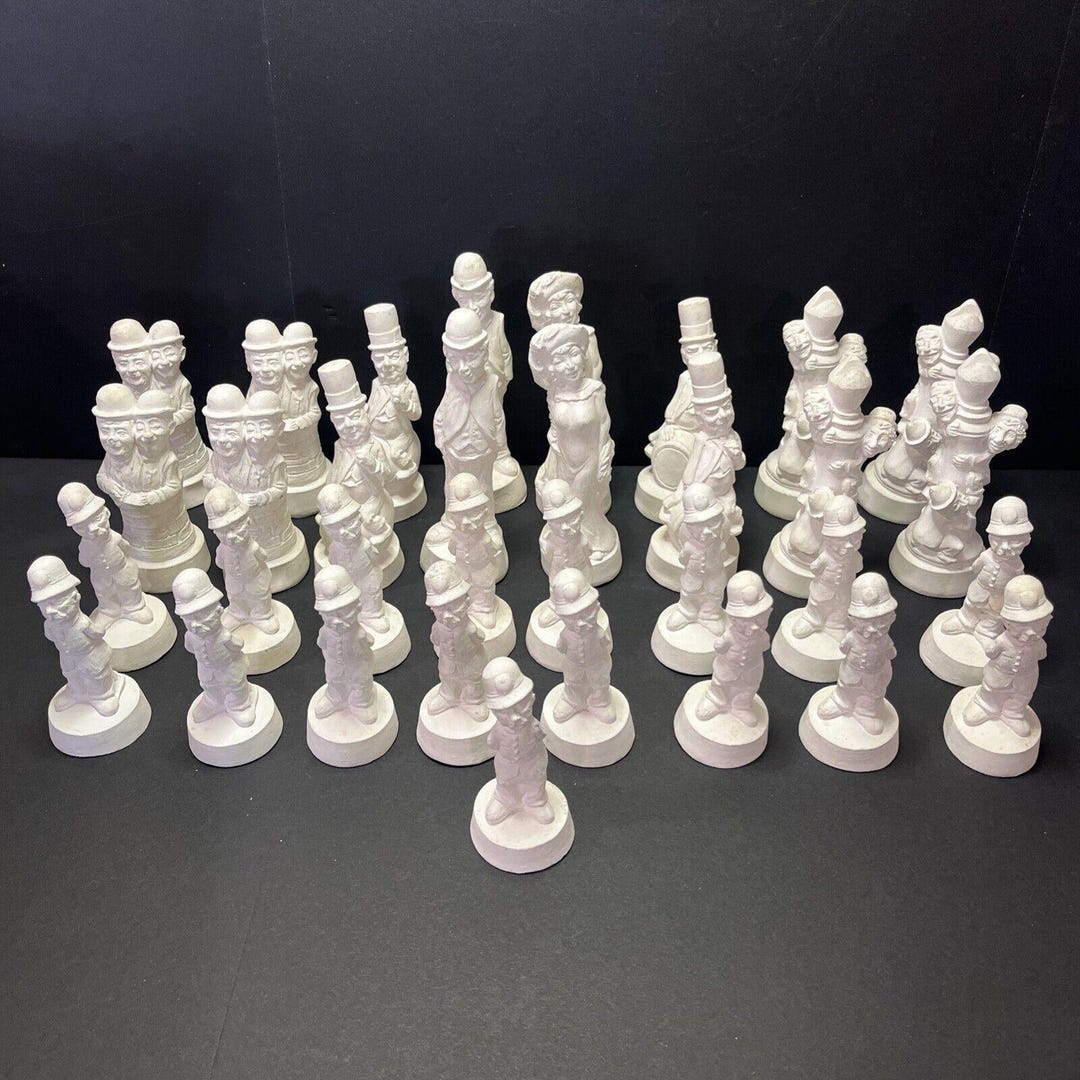 Classic Golden Age Comedian Plaster Chess Set Unfinished Complete 32 ...