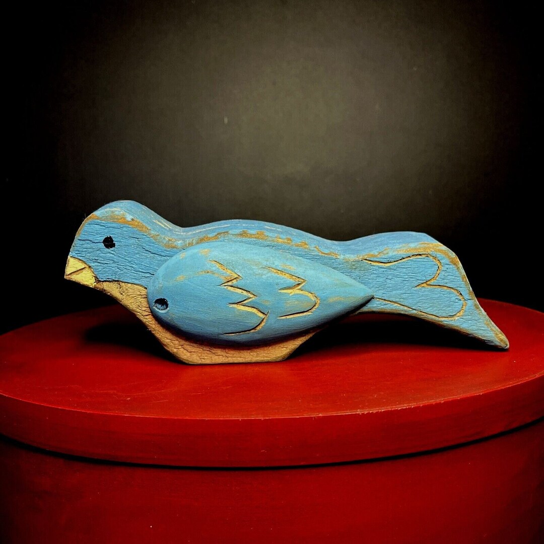 Wooden Blue Bird Secret Box Swivel Wing Handcarved Folk Art Primitive ...