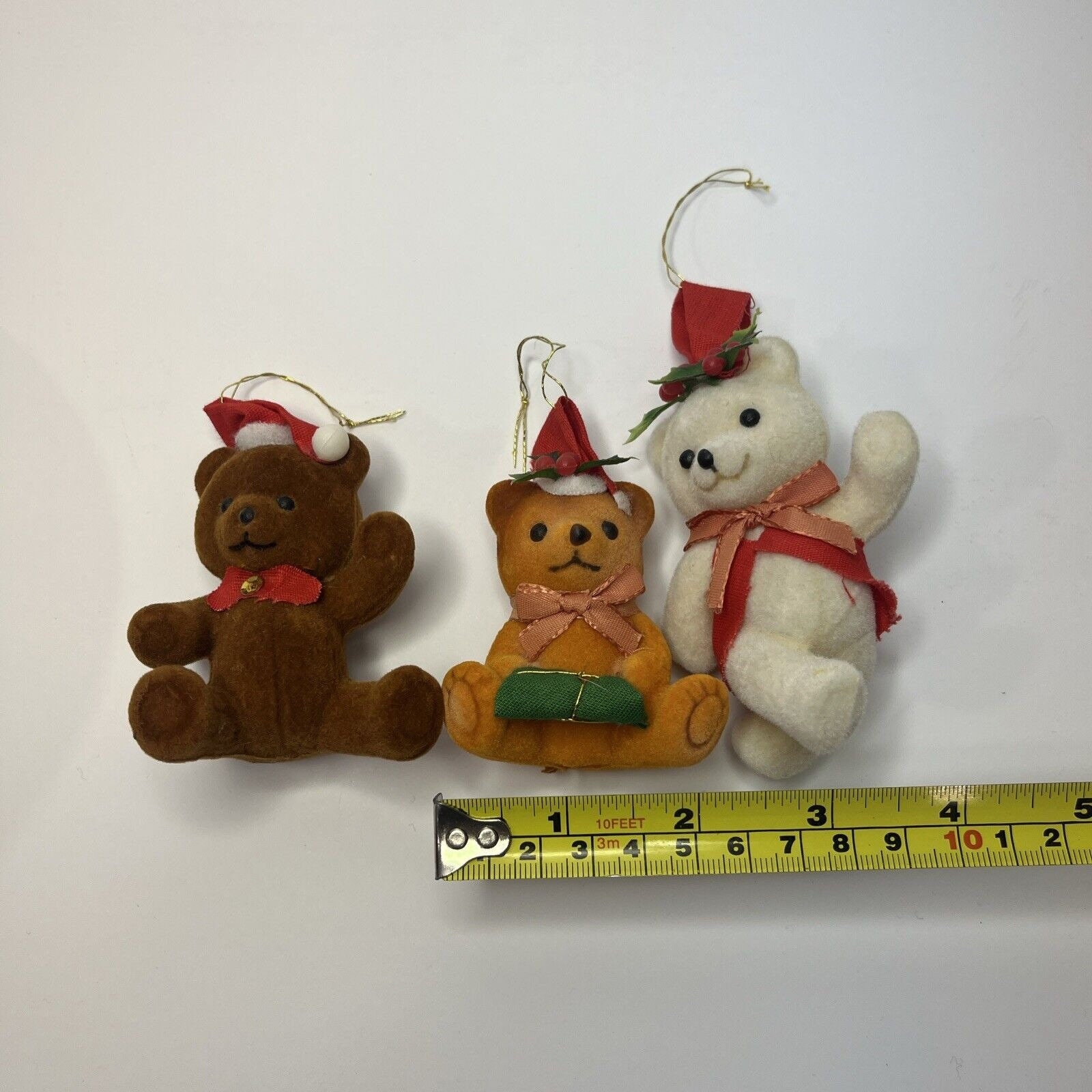 Vintage Flocked Teddy Bear Ornaments Christmas Set 3 Hat Sitting ...