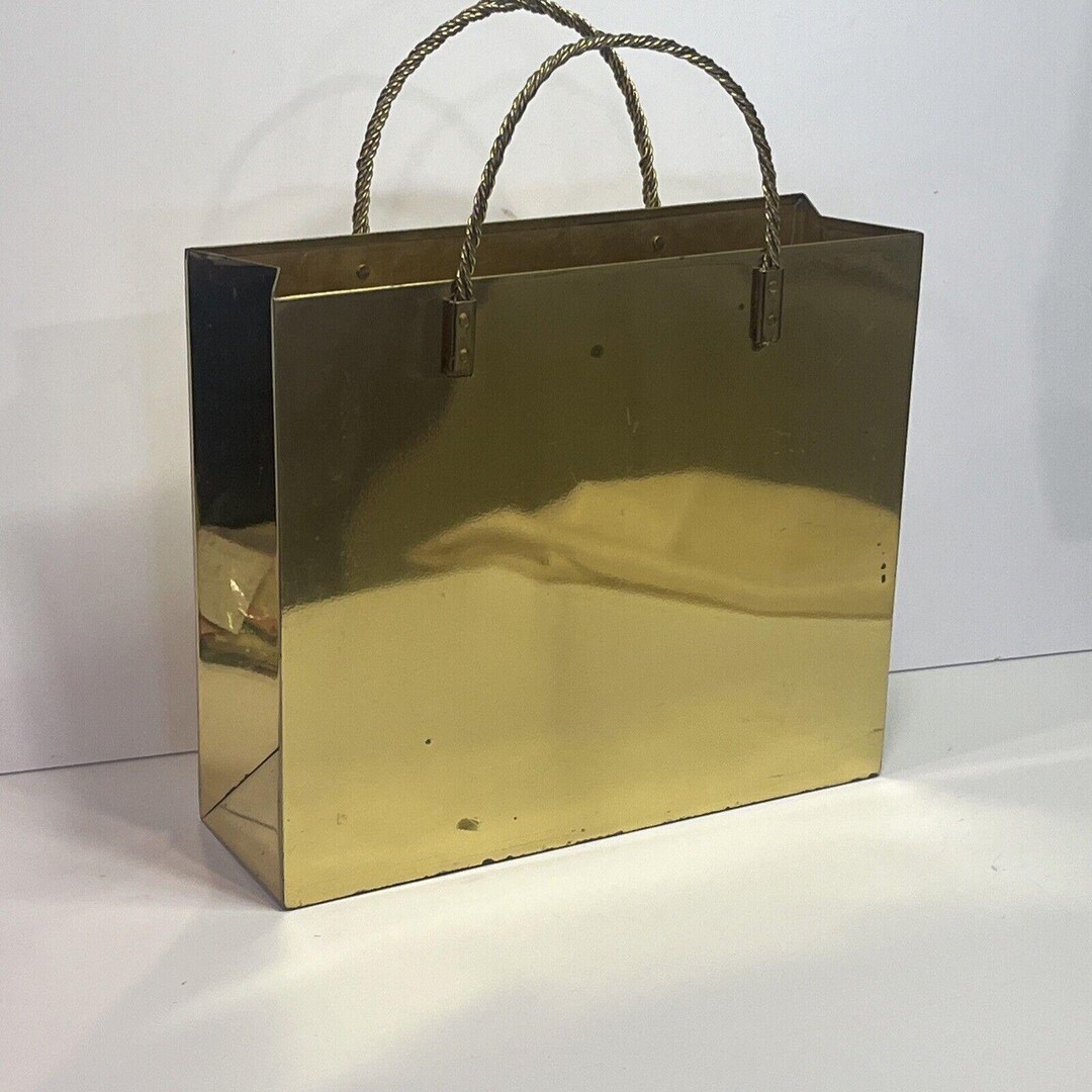 Vtg Brass Shopping Bag Magazine Holder Artsy Trash Basket Braided ...