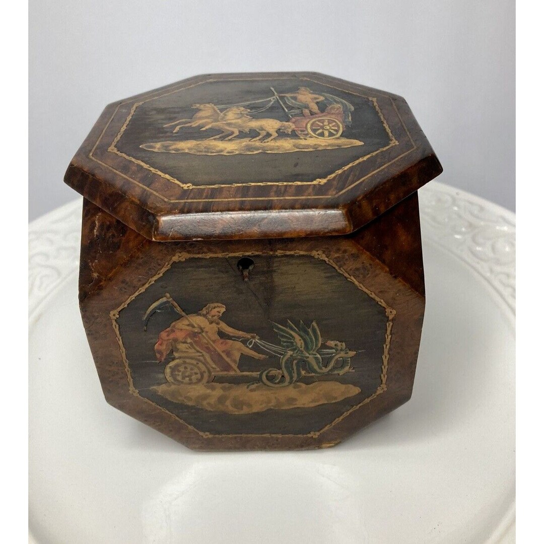 VTG Wood Inlaid Greek Roman Design Stash Trinket Box Chariot Snake ...