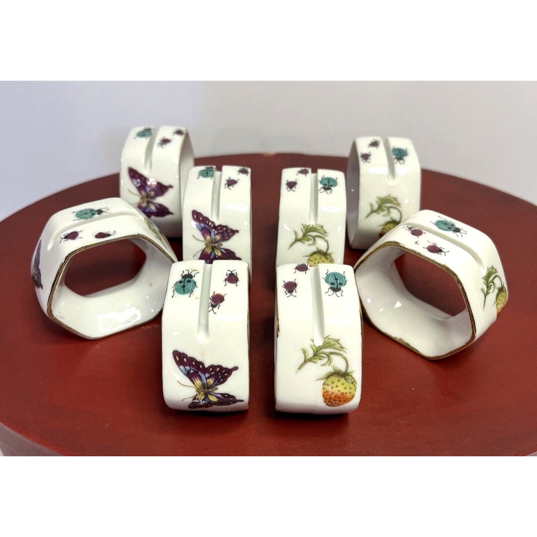 Garden Napkin Rings Name Tag Sign Holder Bugs Insects Set 8 Gold Trim ...
