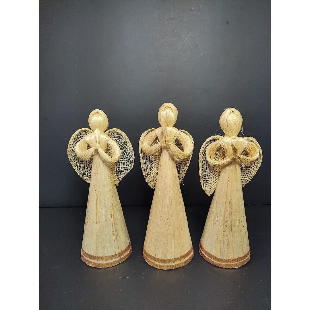 Vtg Corn Silk Christmas Angels Figures Praying Straw Dolls Set 3 ...