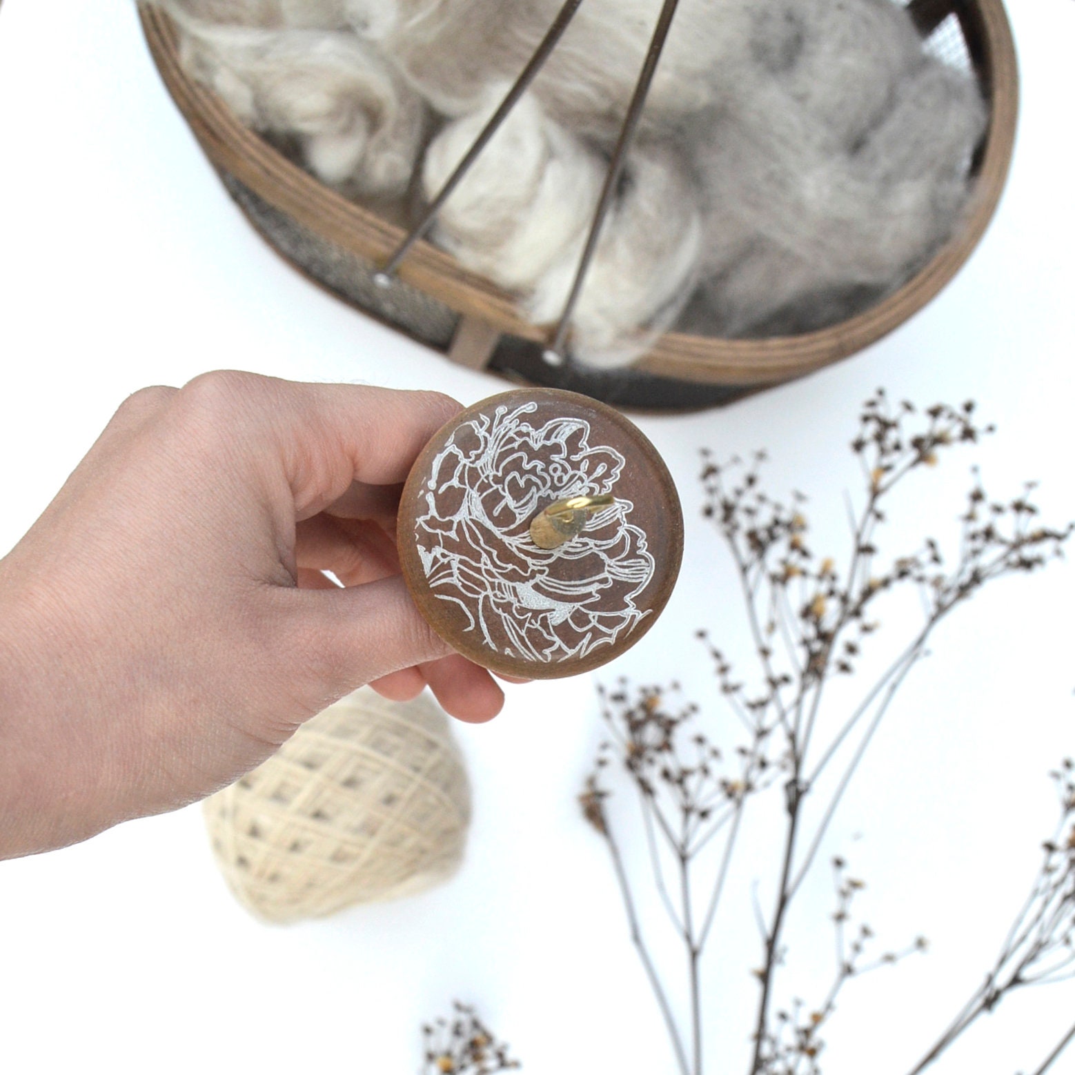 Floral Wooden Drop Spindle, Top Whorl Drop Spindle, Wood Drop Spindle ...