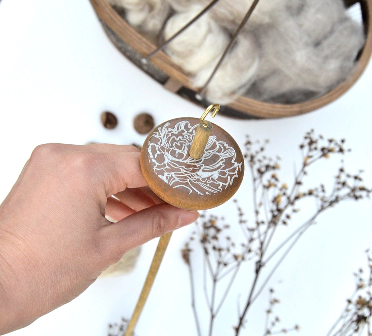 Floral Wooden Drop Spindle, Top Whorl Drop Spindle, Wood Drop Spindle ...