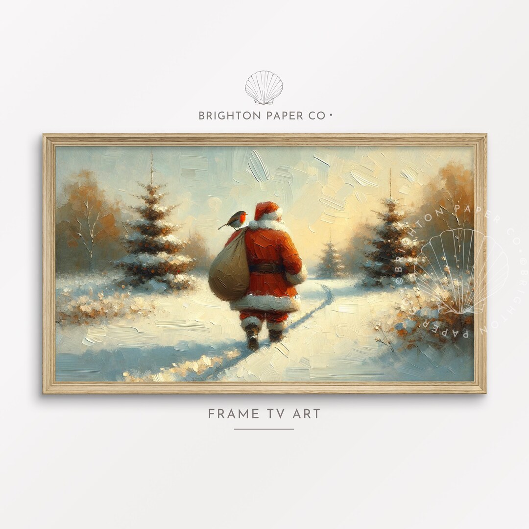 Christmas Frame TV Art Santa Claus and Robin Snow Painting | Holiday ...
