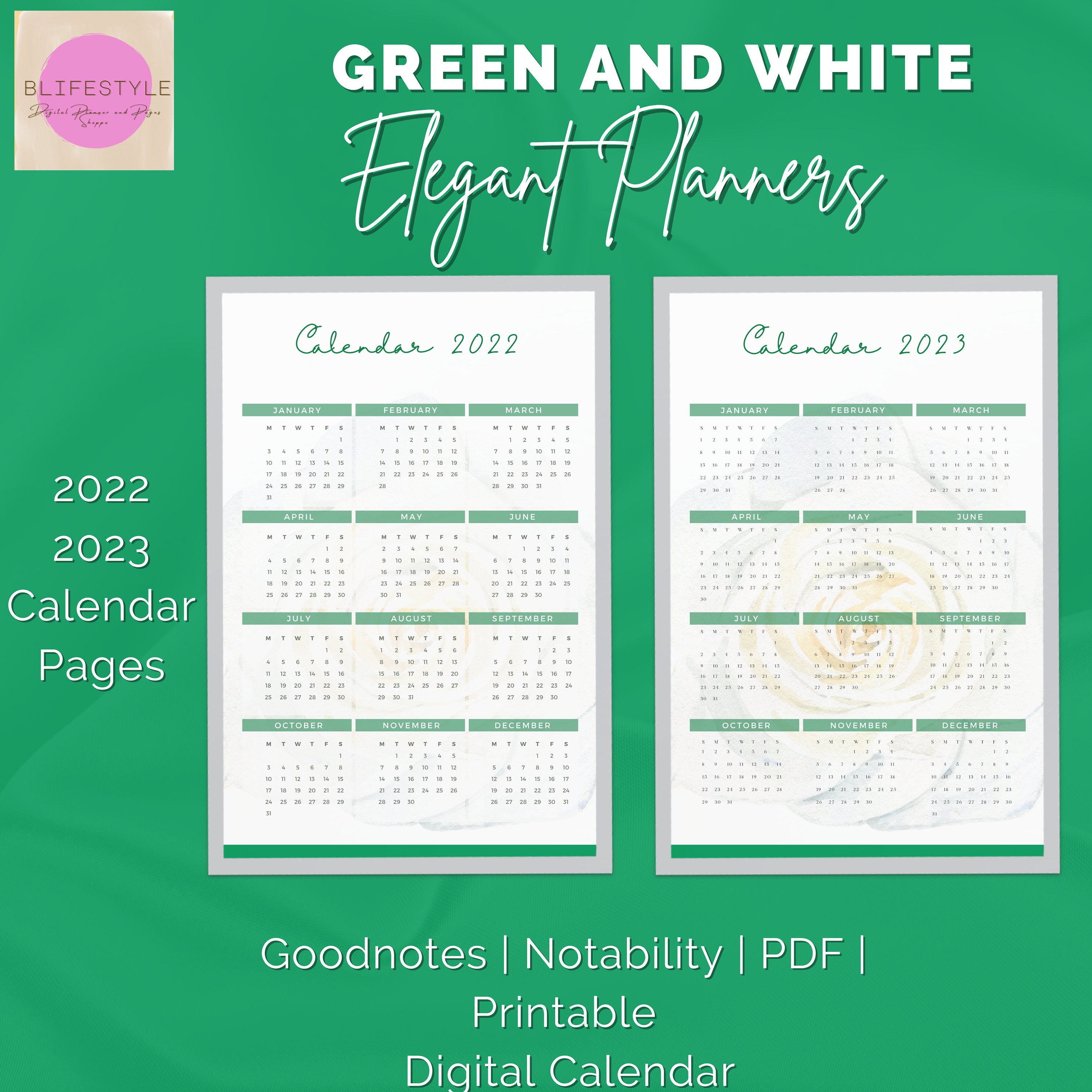 Green and White Digital Calendar PRINTABLE GOODNOTES NOTABILITY - Etsy