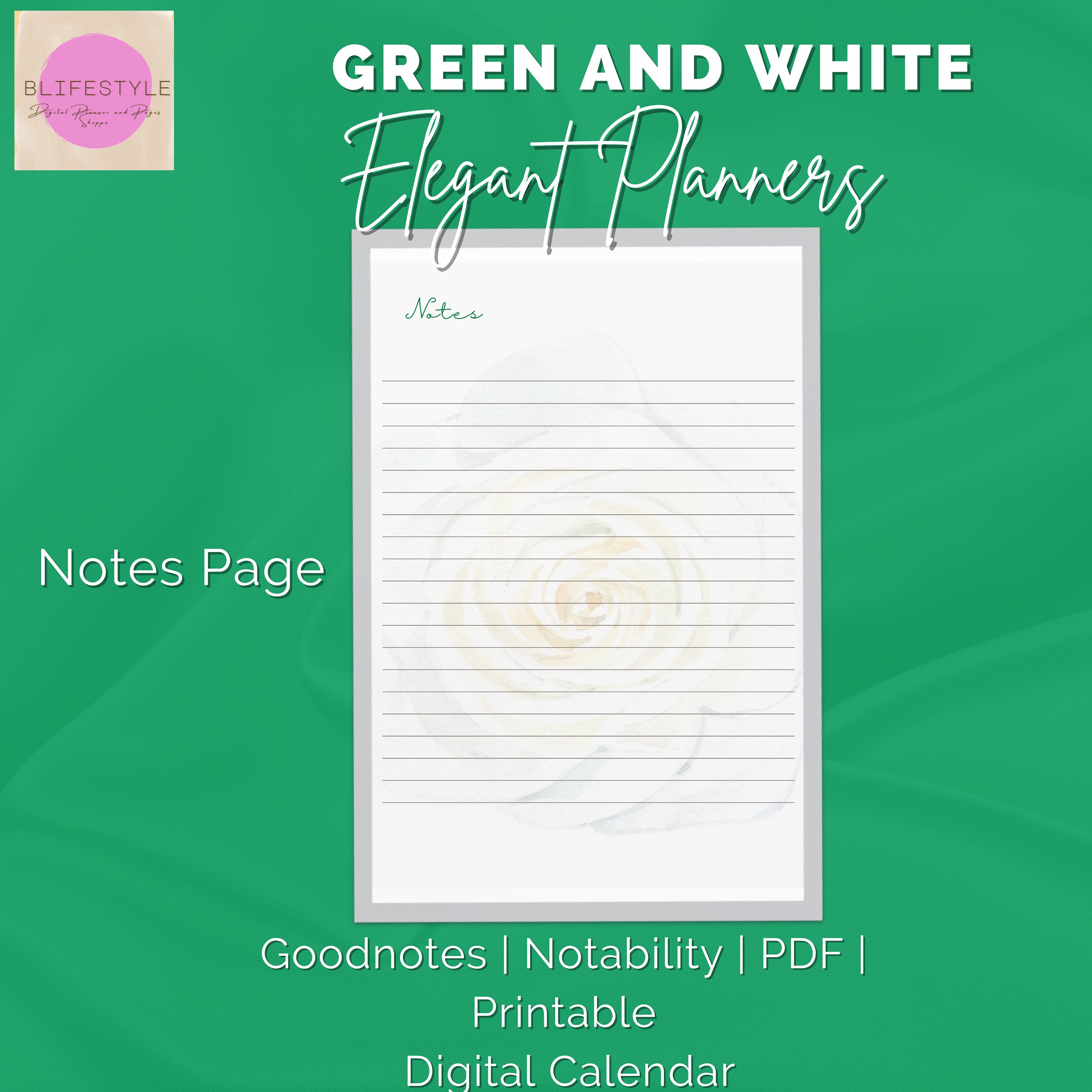 Green and White Digital Calendar PRINTABLE GOODNOTES NOTABILITY - Etsy