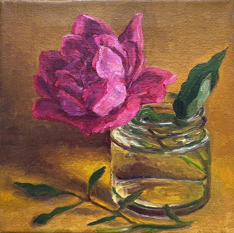 Small Original Oil Painting – Pink Rose in Glass of Water – Floral ...