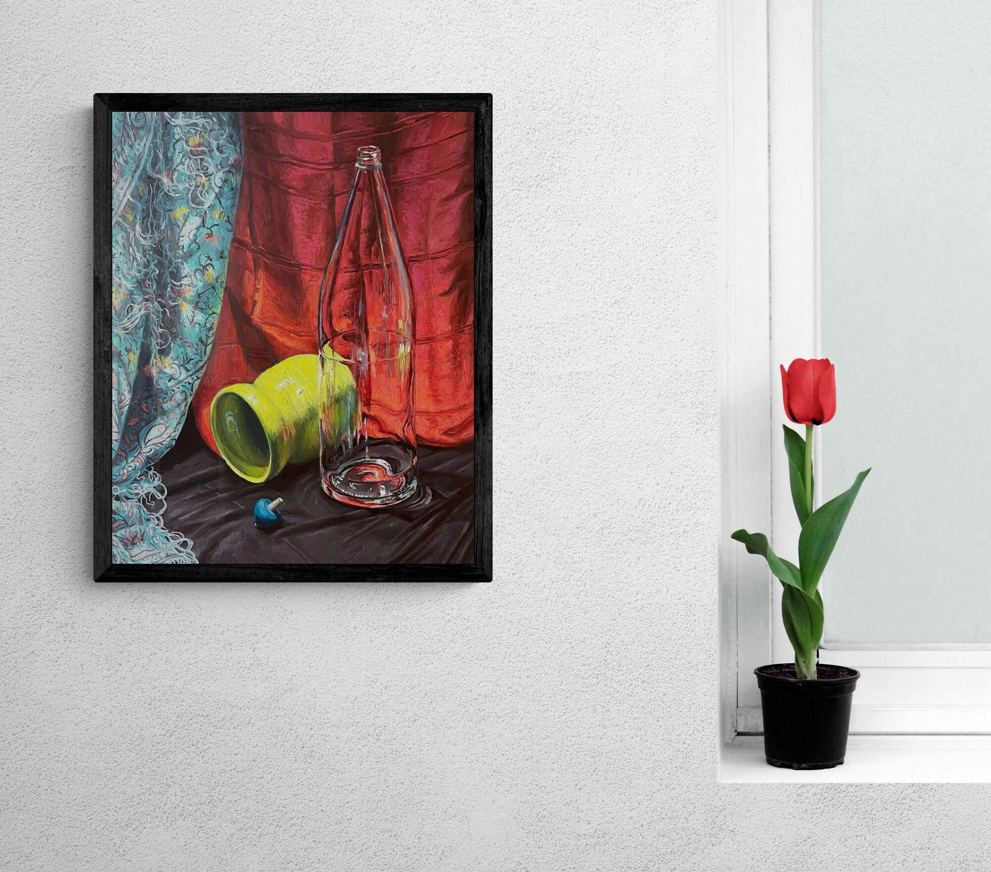 Original Oil Painting - Still Life With Textiles and a Glass Bottle ...