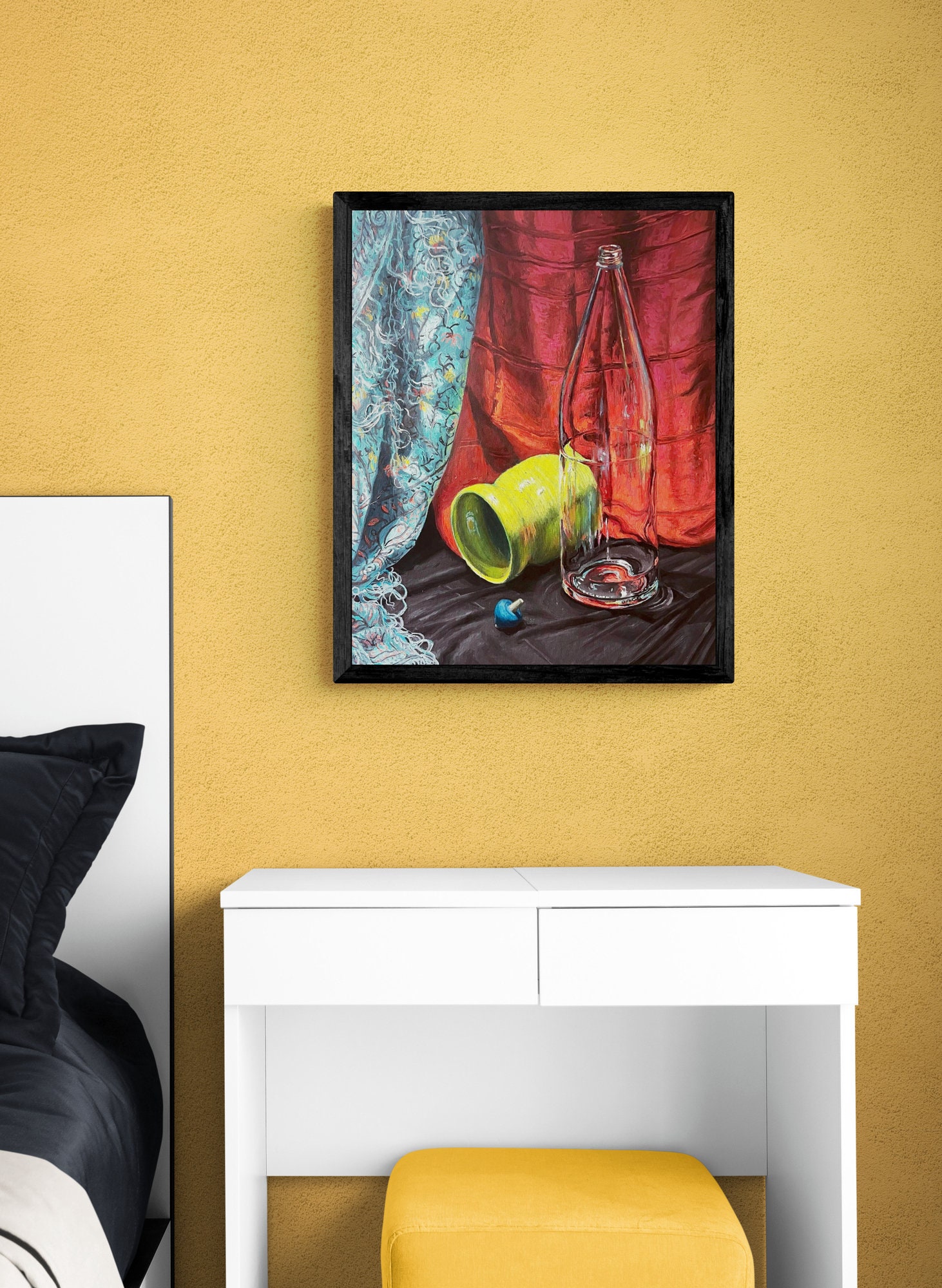 Original Oil Painting - Still Life With Textiles and a Glass Bottle ...