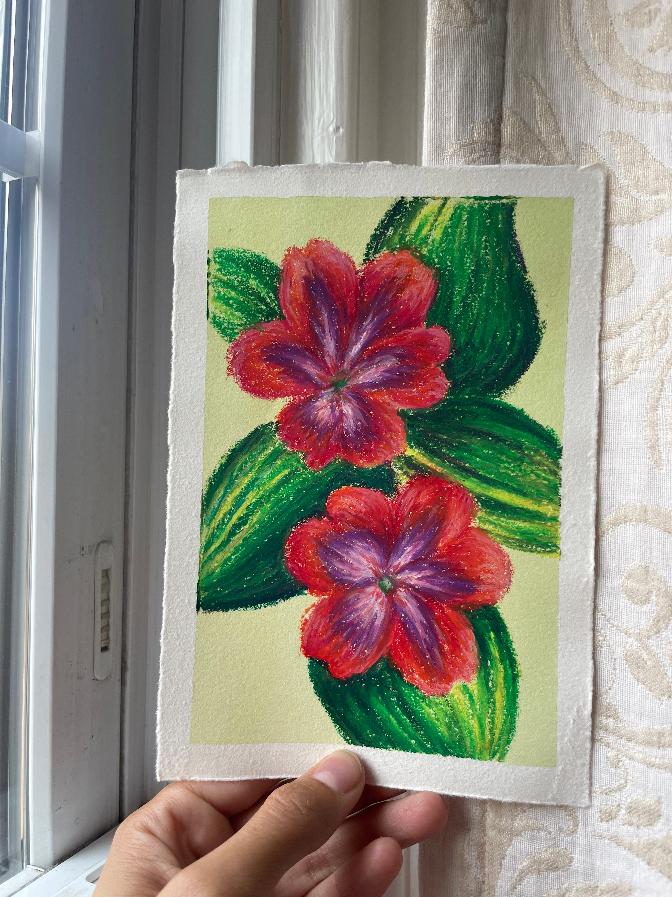 Original Oil Pastel Drawing of Red Flowers - Etsy