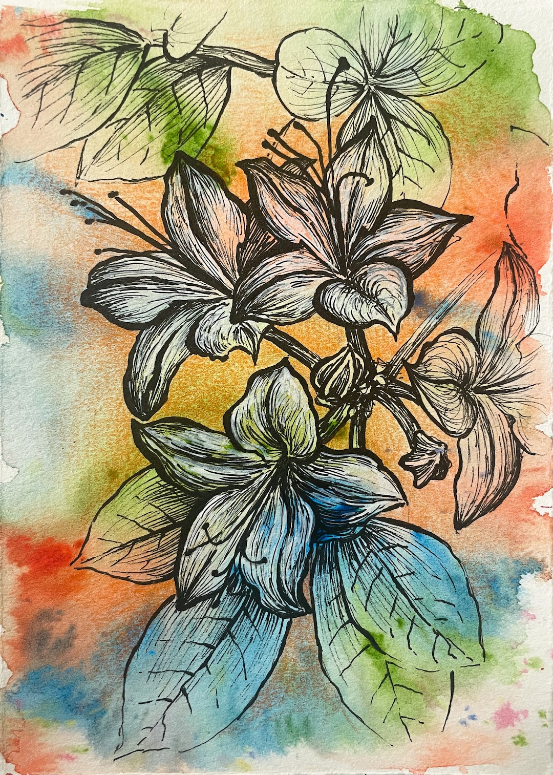 Mini Flower Art - Original Drawing With Pen and Ink on Watercolor - Etsy
