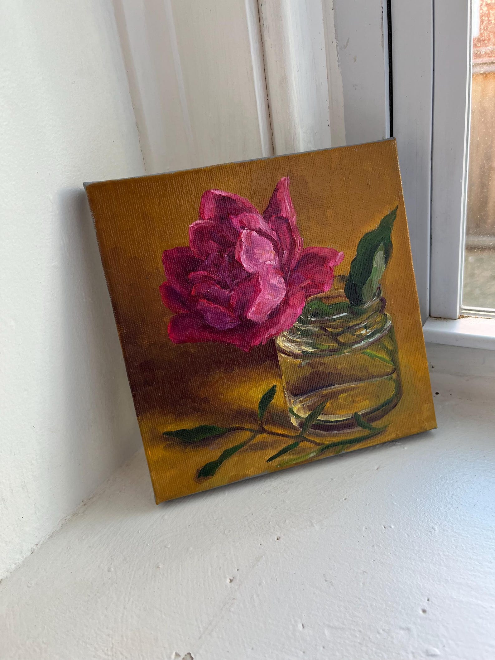 Small Original Oil Painting – Pink Rose in Glass of Water – Floral ...