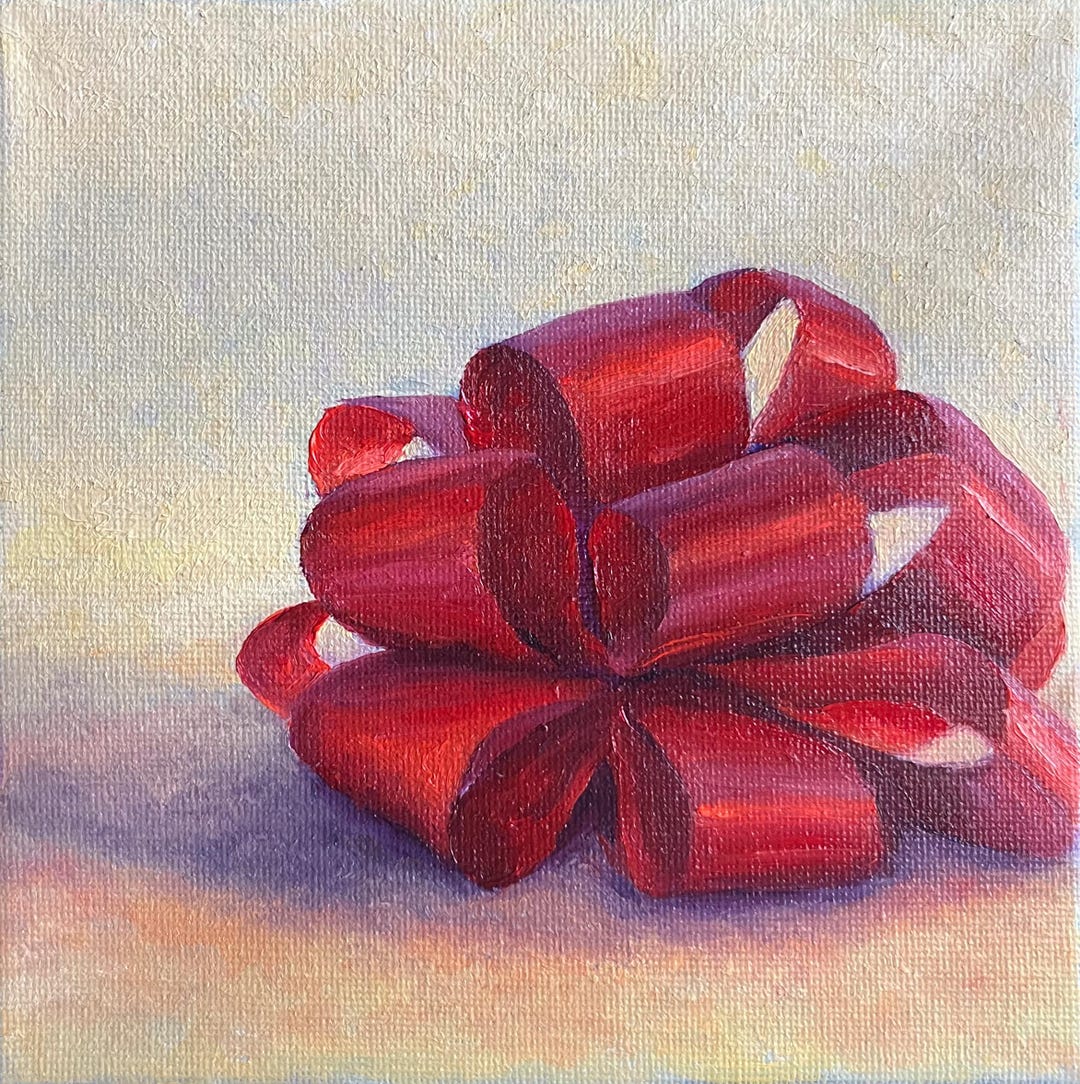 Small Original Oil Painting of Red Ribbon Bow - One of a Kind Gift ...