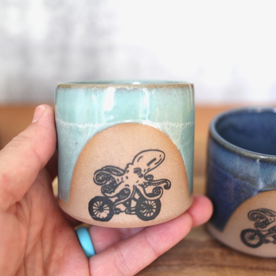Handmade Espresso Cup With Octopus Riding Bicycle – Ceramic Cortado Cup ...