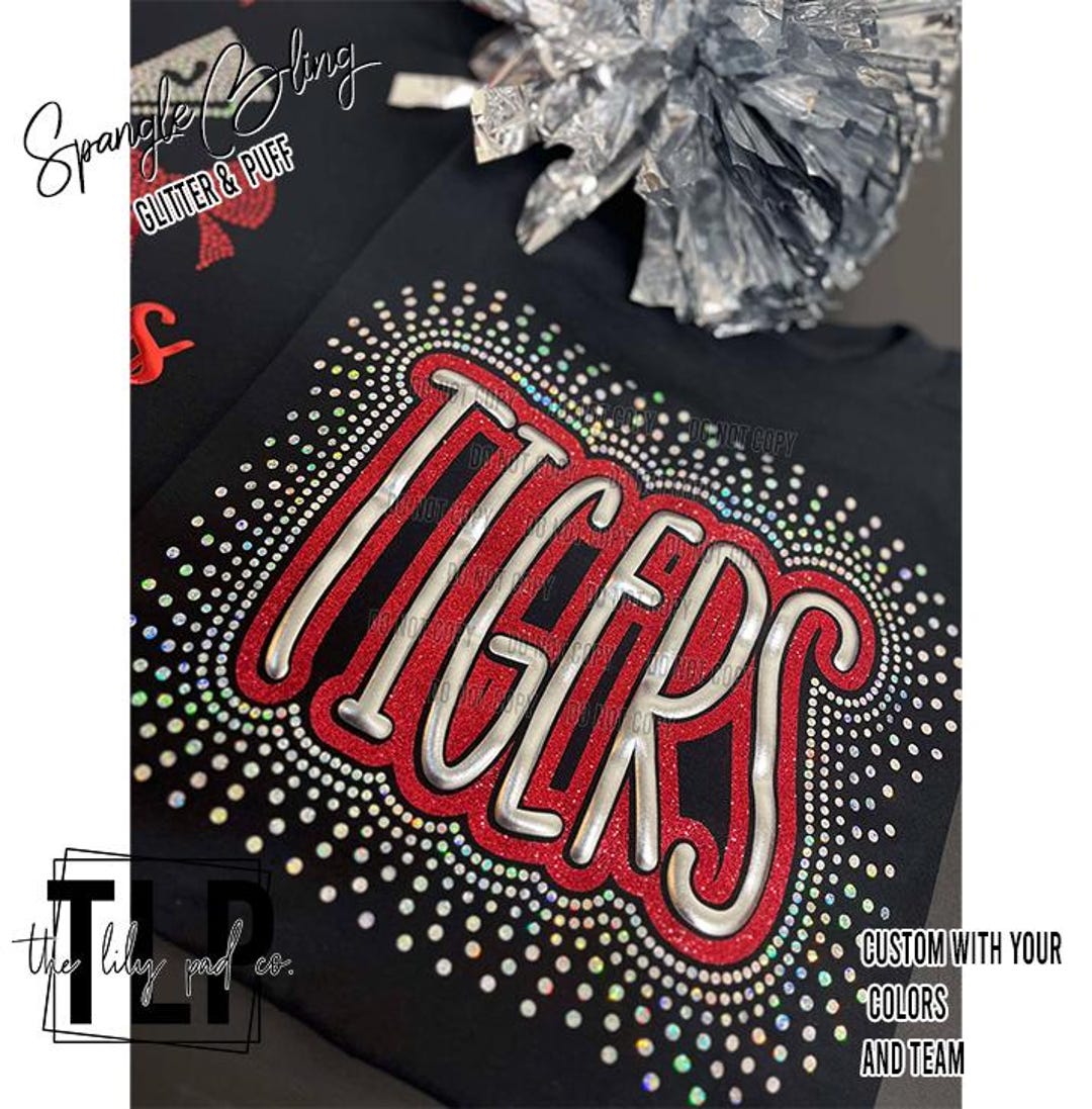 Custom Spangle Scatter With Metallic Puff Mascot Word Tee, Sweatshirt ...