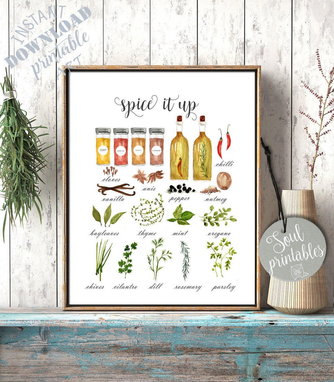 PRINTABLE Herbs and Spices Watercolor Kitchen Wall Art Poster, Rustic ...