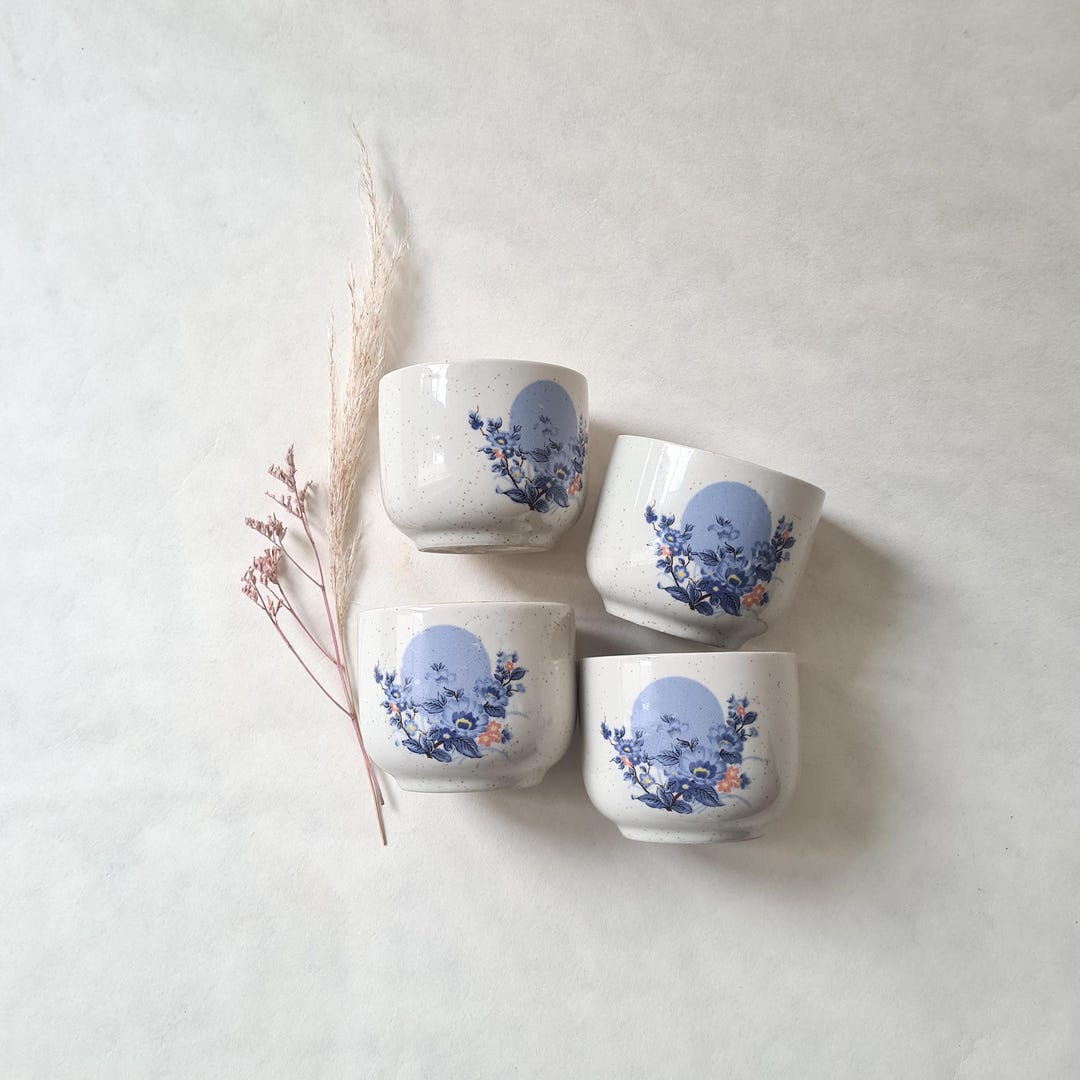 Vintage Stoneware Cups Set of 4/gray Blue Flower Pattern/tea Coffee ...