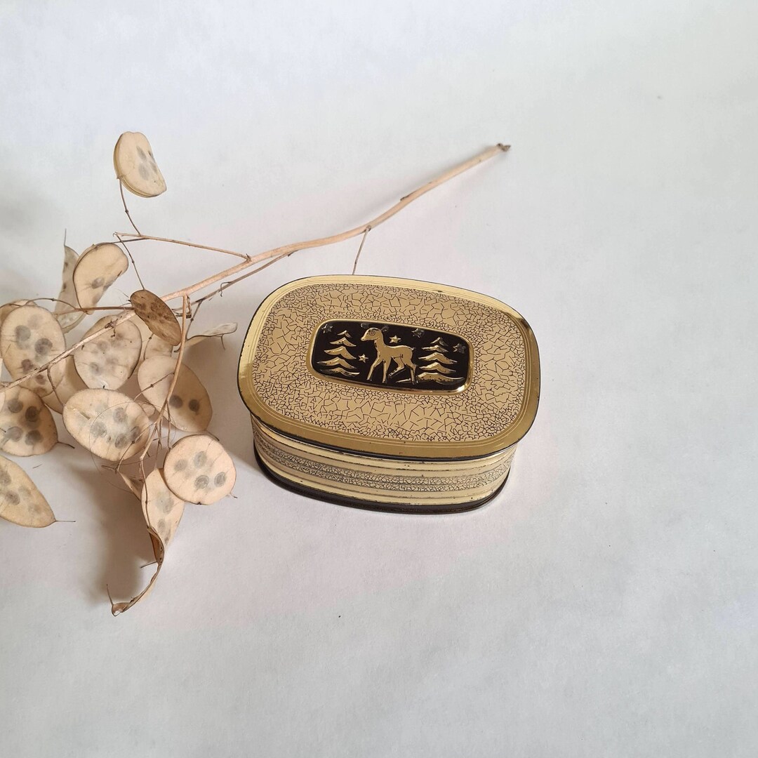 Vintage Black Box Gold Color Golden Fir Tree Pattern Doe Animal ...