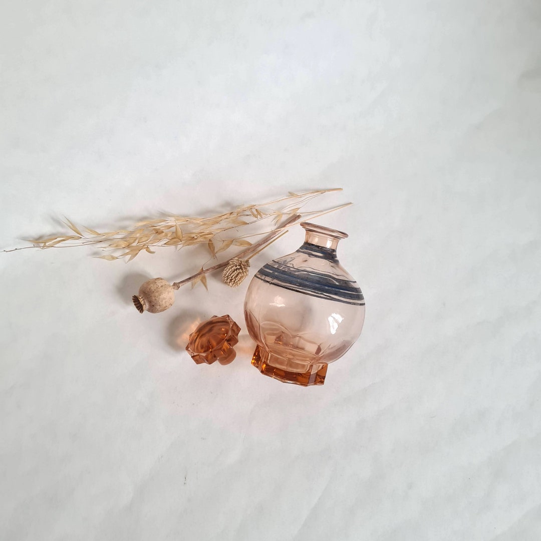 Vintage Transparent Pink Glass Decanter Ball-shaped Faceted Cap/blue ...