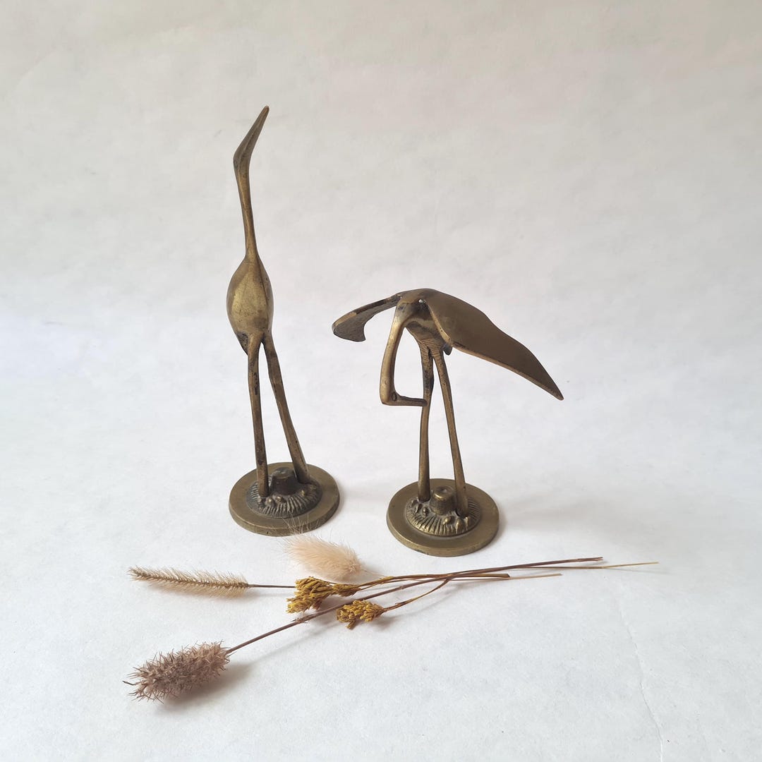 Vintage Bird Sculpture Pair/wading Heron/brass Golden Patina/figurine ...