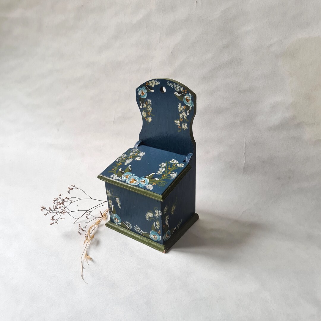 Vintage Coarse Salt Box/blue Wood/hand Painted/flower Pattern/kitchen ...