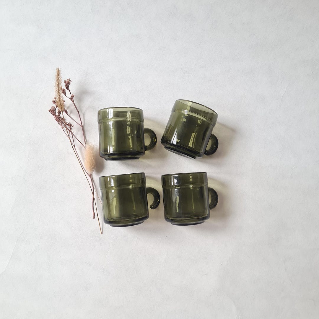 Vintage Set of 4 Espresso Coffee Cups/thick Green Smoked Glass/60s-70s ...