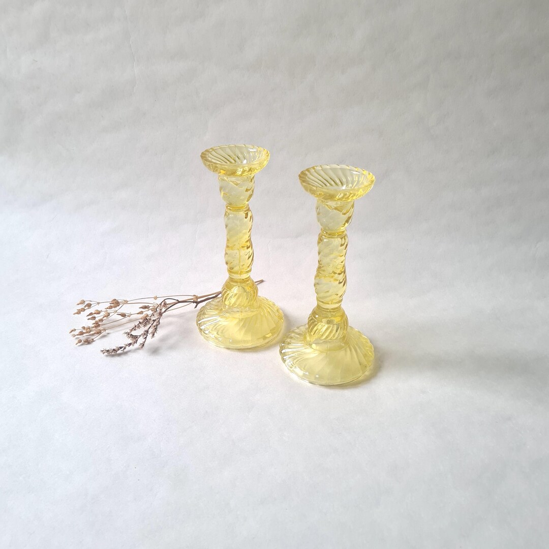 Vintage Yellow Candlestick Candle Holder Pair/transparent Molded Glass ...