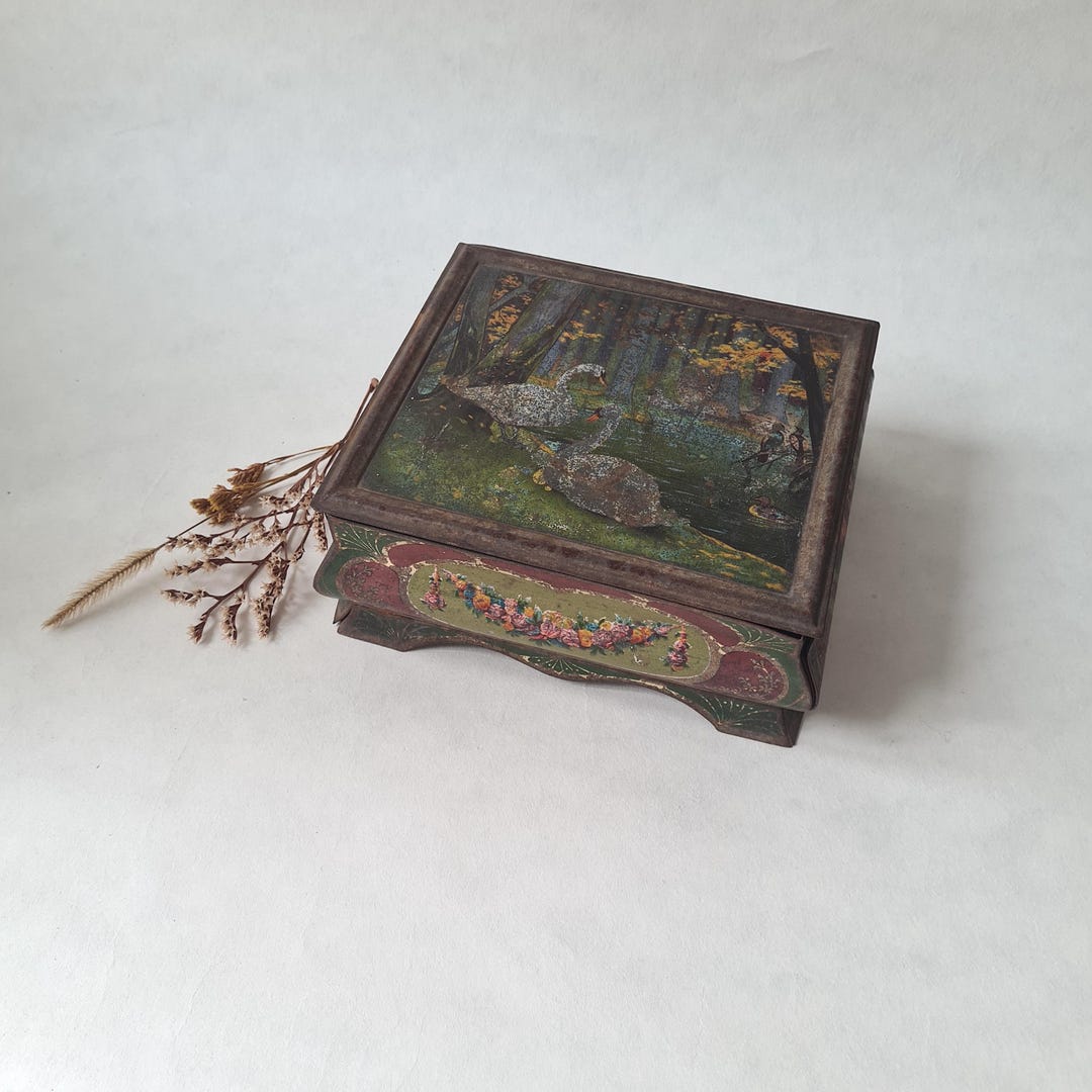 Vintage Box/metal Sheet/old Antique/lithograph Decor/swan Lake Forest ...