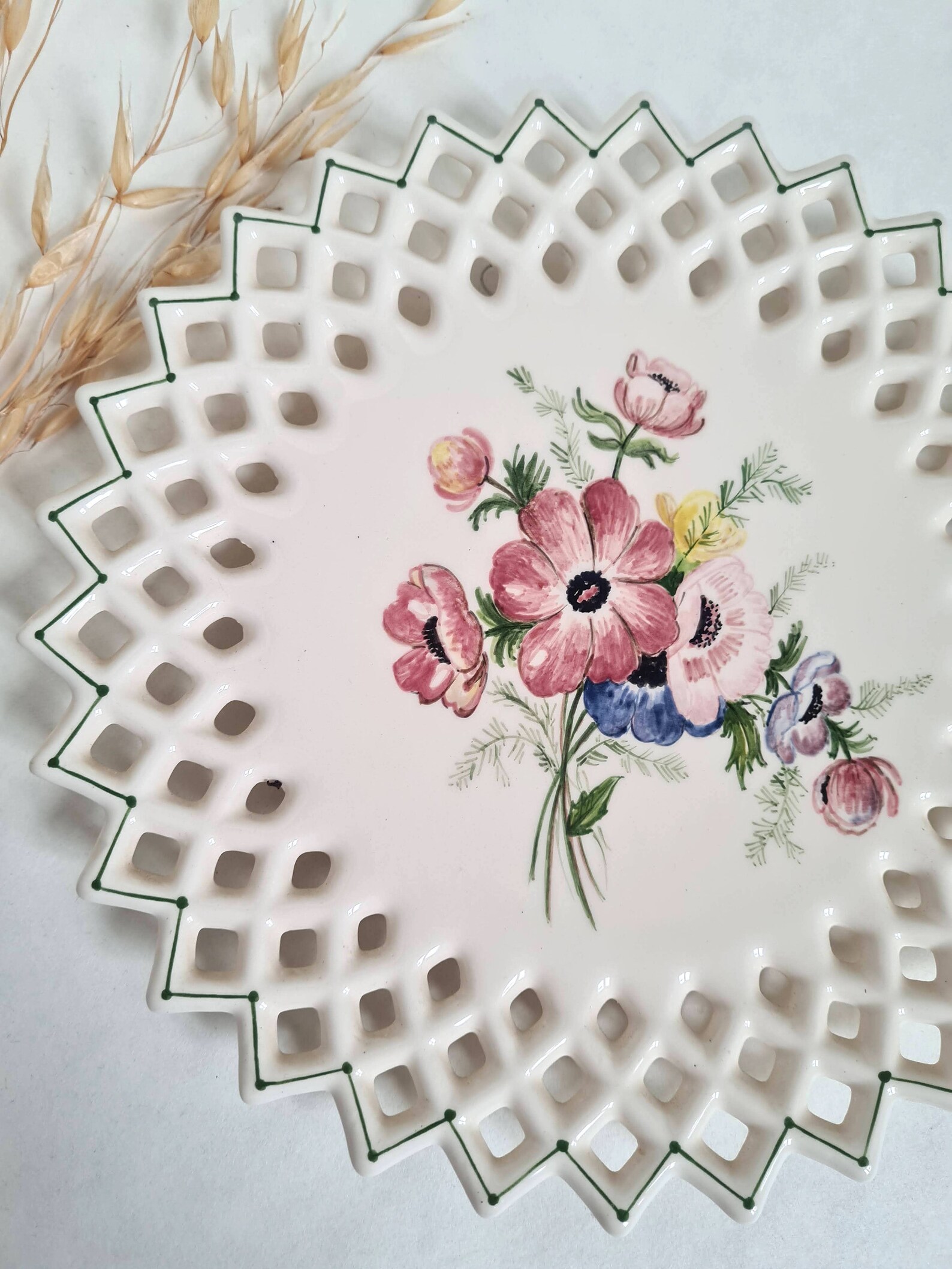 Vintage Porcelain Plate Wall Decoration White Pink Openwork Cutout Interior Wall Decor Handmade ...